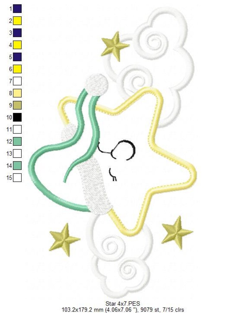 Star With Cloud Embroidery Designs Sleeping Star Embroidery - Etsy