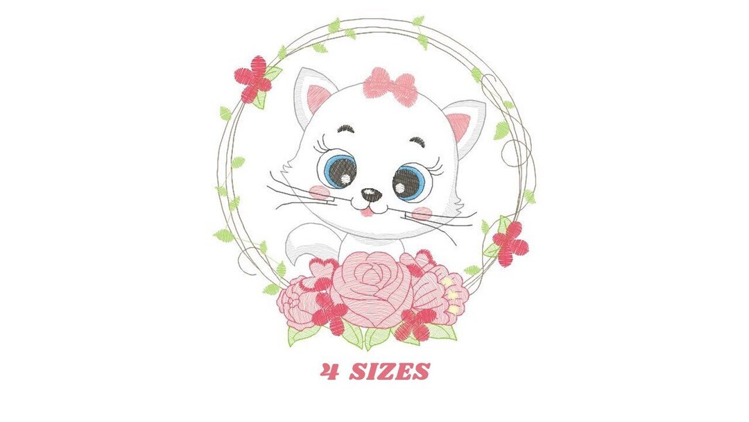 Cat Embroidery Design - Cat With Flowers Embroidery Designs Machine ...