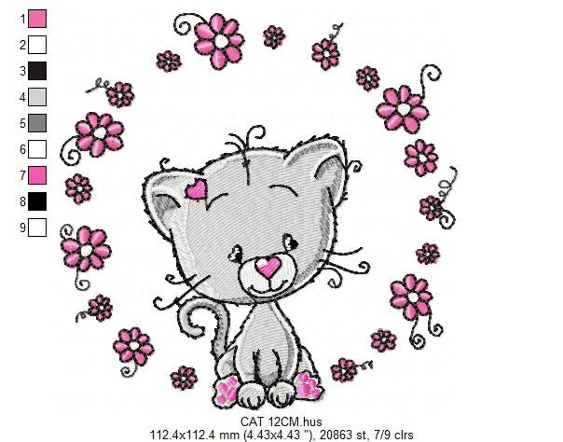 Cat Embroidery Design Cat With Flowers Embroidery Designs | Etsy