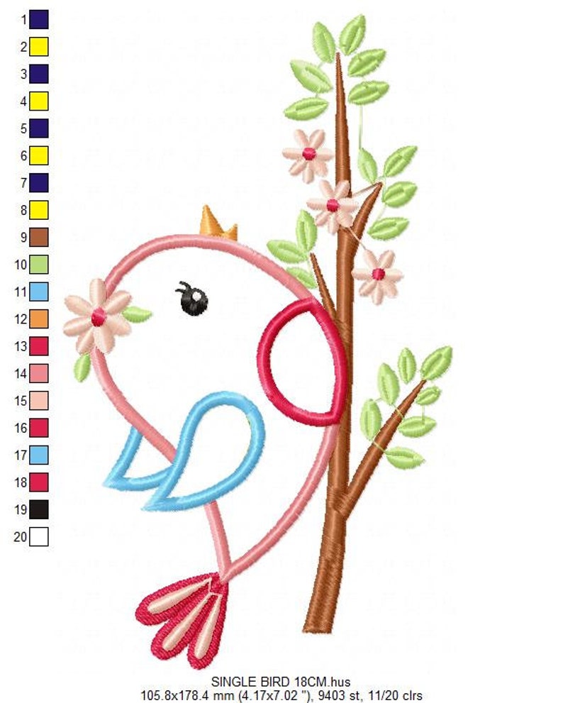 Bird Applique Embroidery Designs - Bird With Branch and Flowers Machine ...