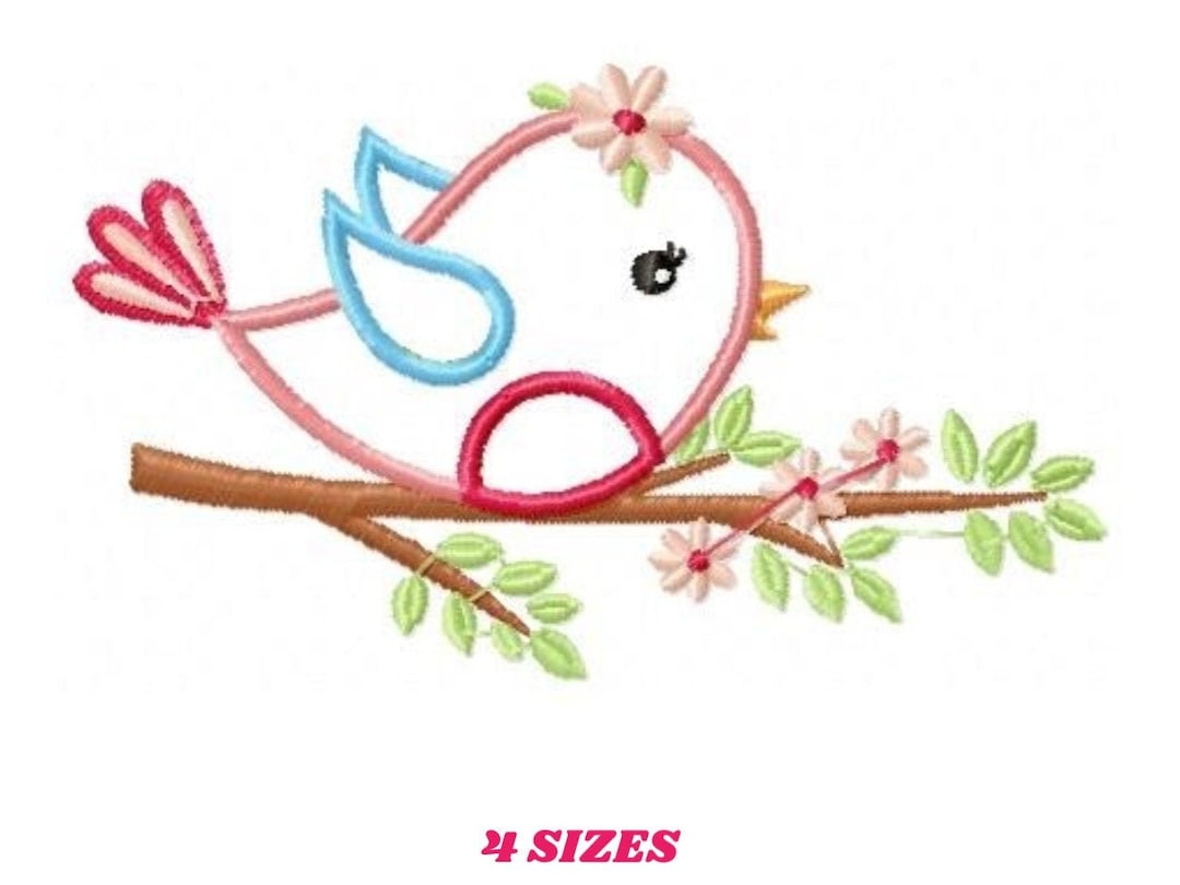 Bird Applique Embroidery Designs - Bird With Branch and Flowers Machine ...
