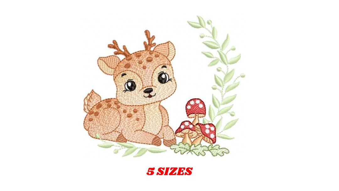 Deer With Mushrooms Embroidery Design - Stag Fawn Forest Animal With ...