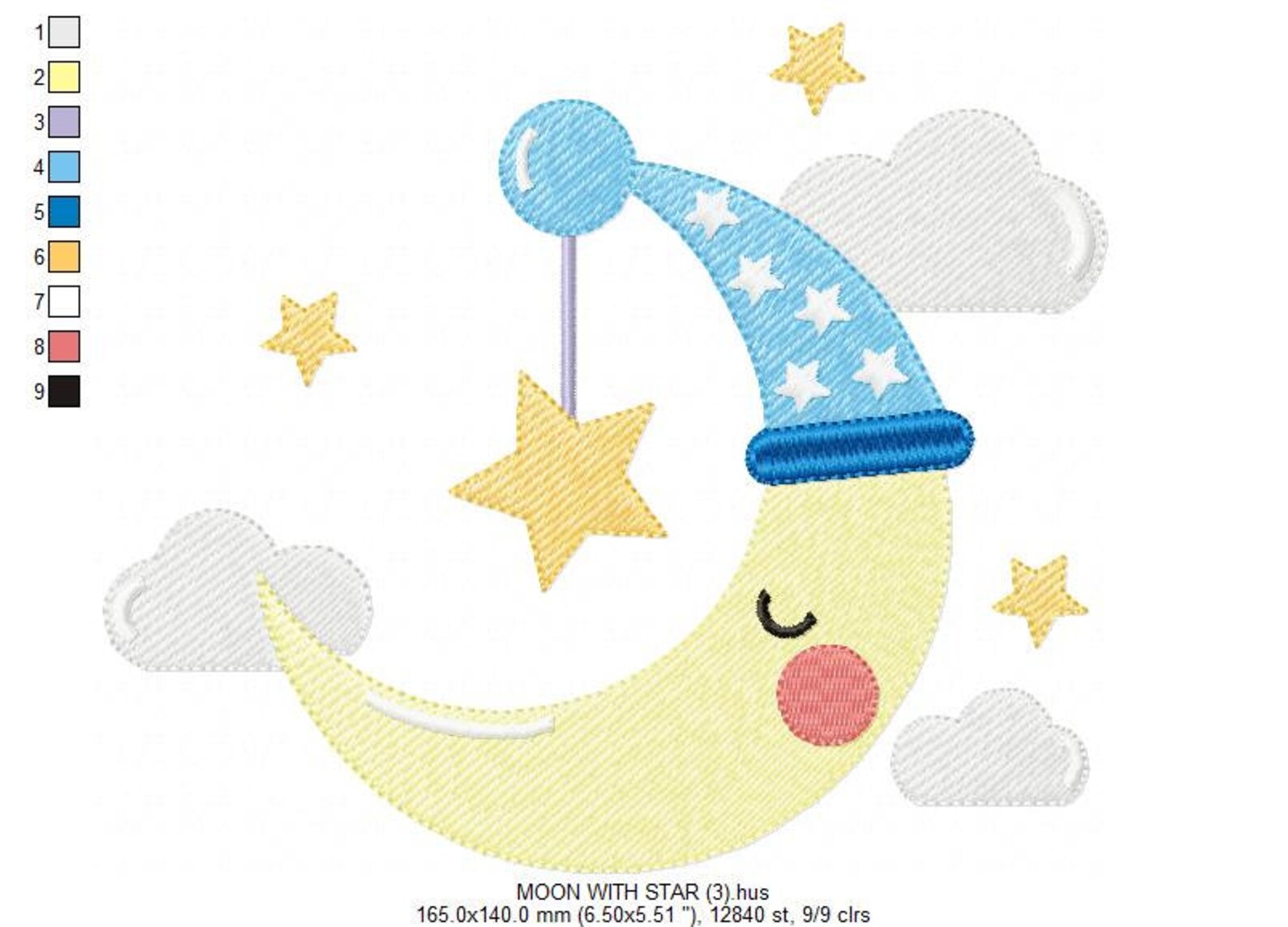 Sleeping Moon Embroidery Design - Half Moon Crescent With Star Machine ...