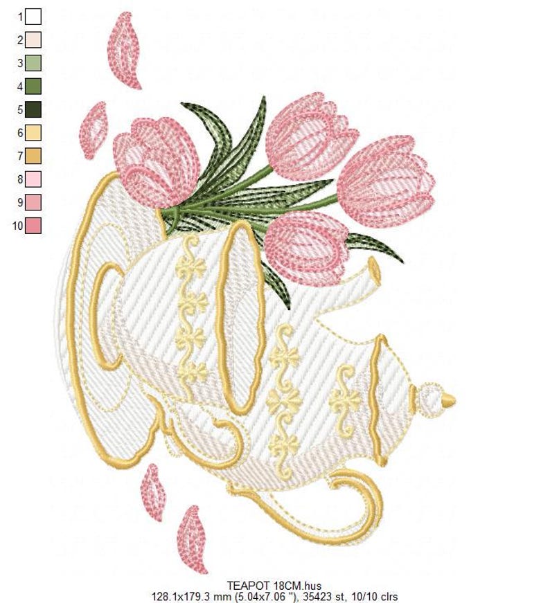 Teapot With Cup and Plate With Flowers Embroidery Design - Teacup With ...