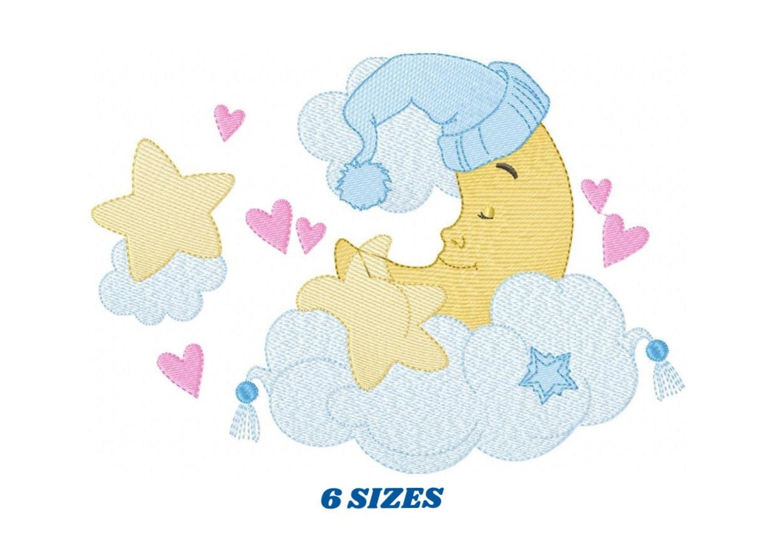 Sleeping Moon Embroidery Design - Half Moon With Cloud Stars and Hearts ...
