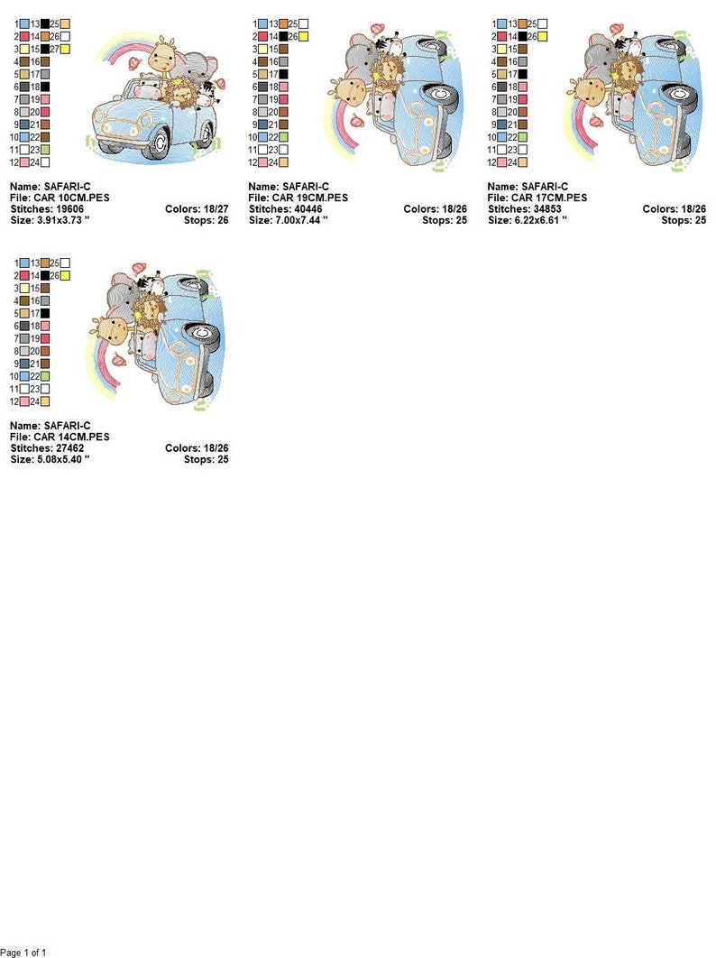 Safari Animals in a Car Embroidery Designs - Giraffe Zebra Lion Hippo ...