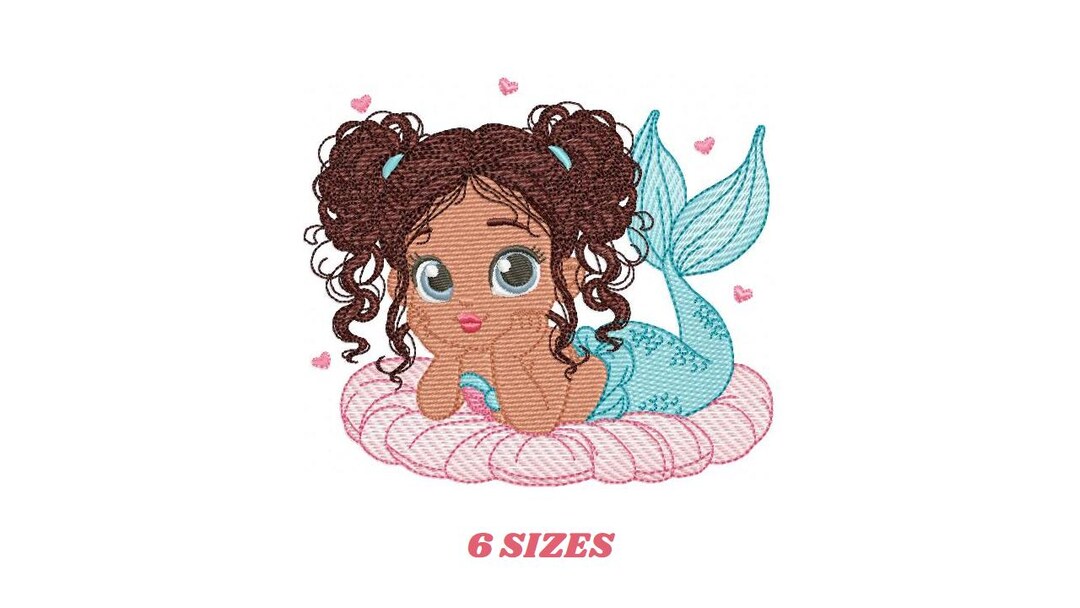 Mermaid With Curly Hair Embroidery Designs - African American Princess ...
