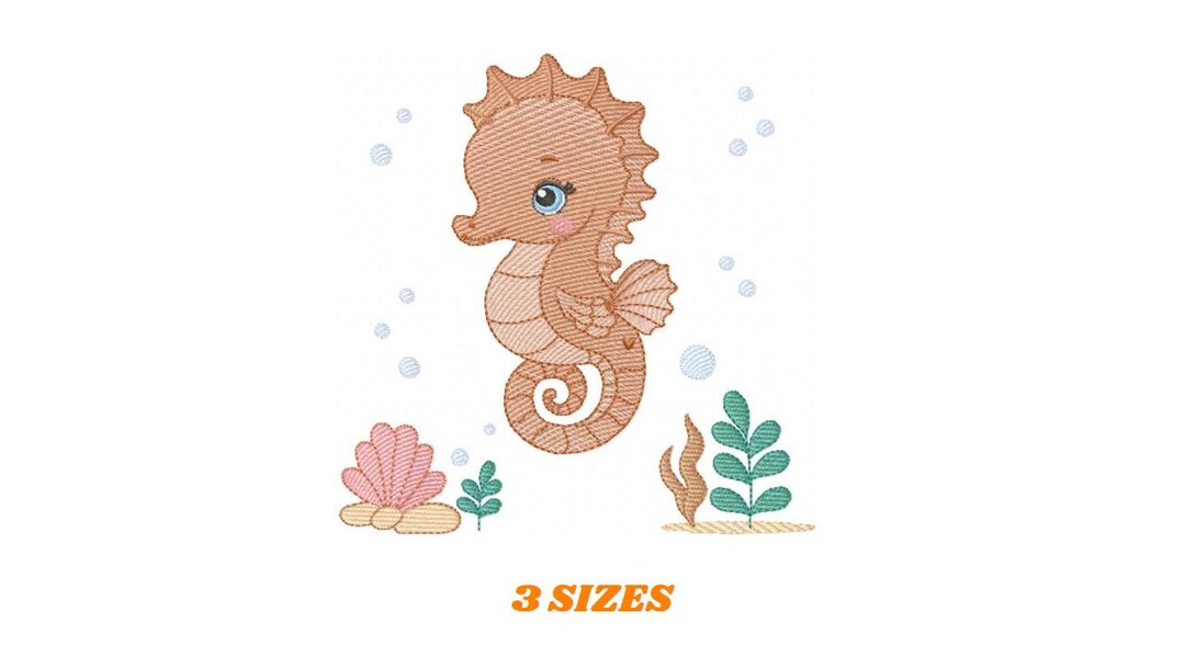 Seahorse Embroidery Design - Ocean Sea Animal With Shells and Algae ...
