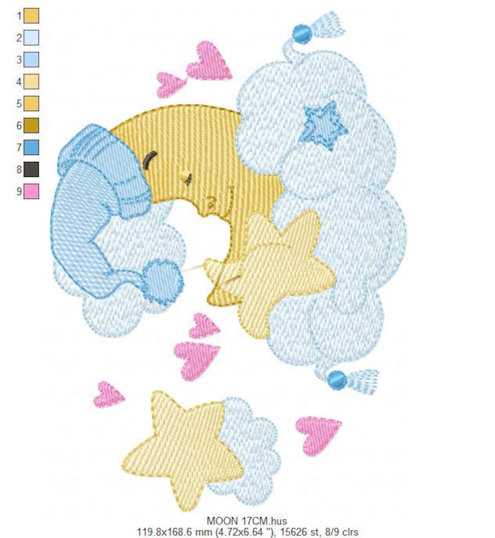 Sleeping Moon Embroidery Design - Half Moon With Cloud Stars and Hearts ...