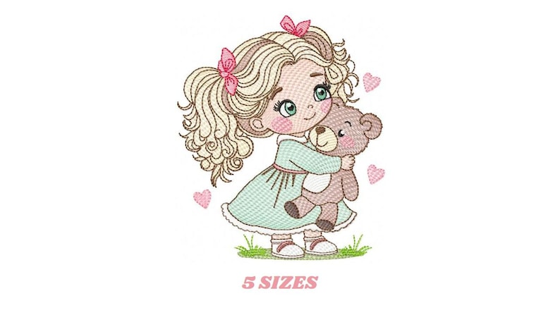 Princess Embroidery Designs - Girl With Blonde Wavy Hair and Teddy Bear ...