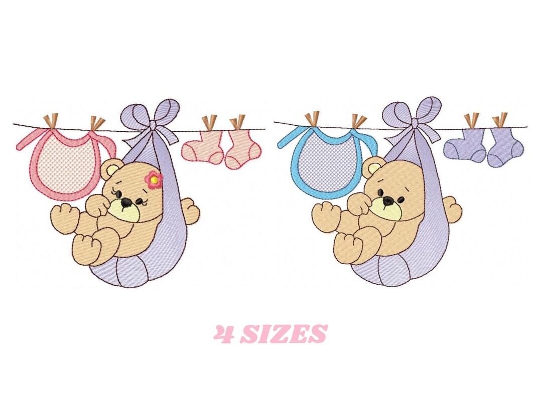 Baby Bear With Clothesline Embroidery Designs - Gender Reveal Party ...