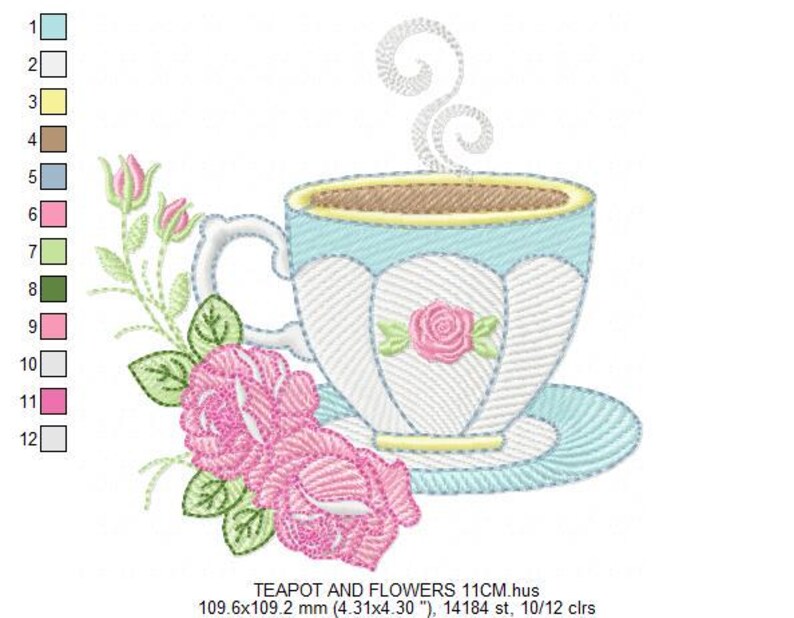 Coffee Cup Embroidery Design - Tea Mug With Roses Embroidery Designs ...