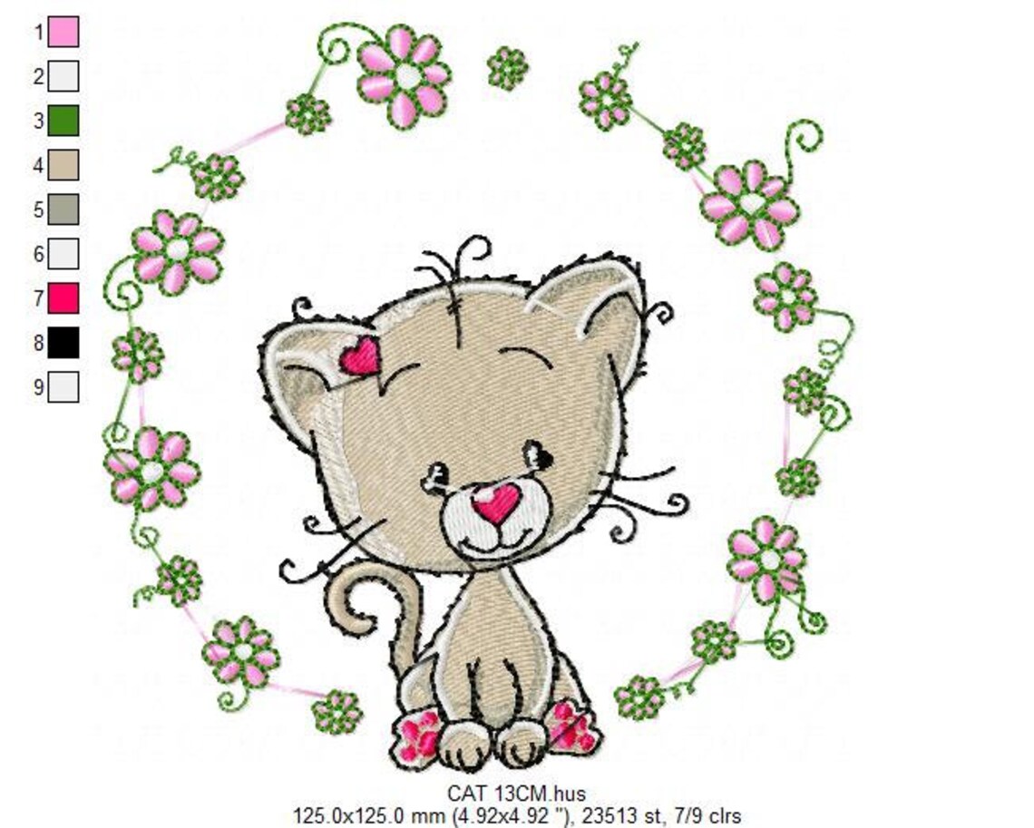 Cat Embroidery Design Cat With Flowers Embroidery Designs | Etsy