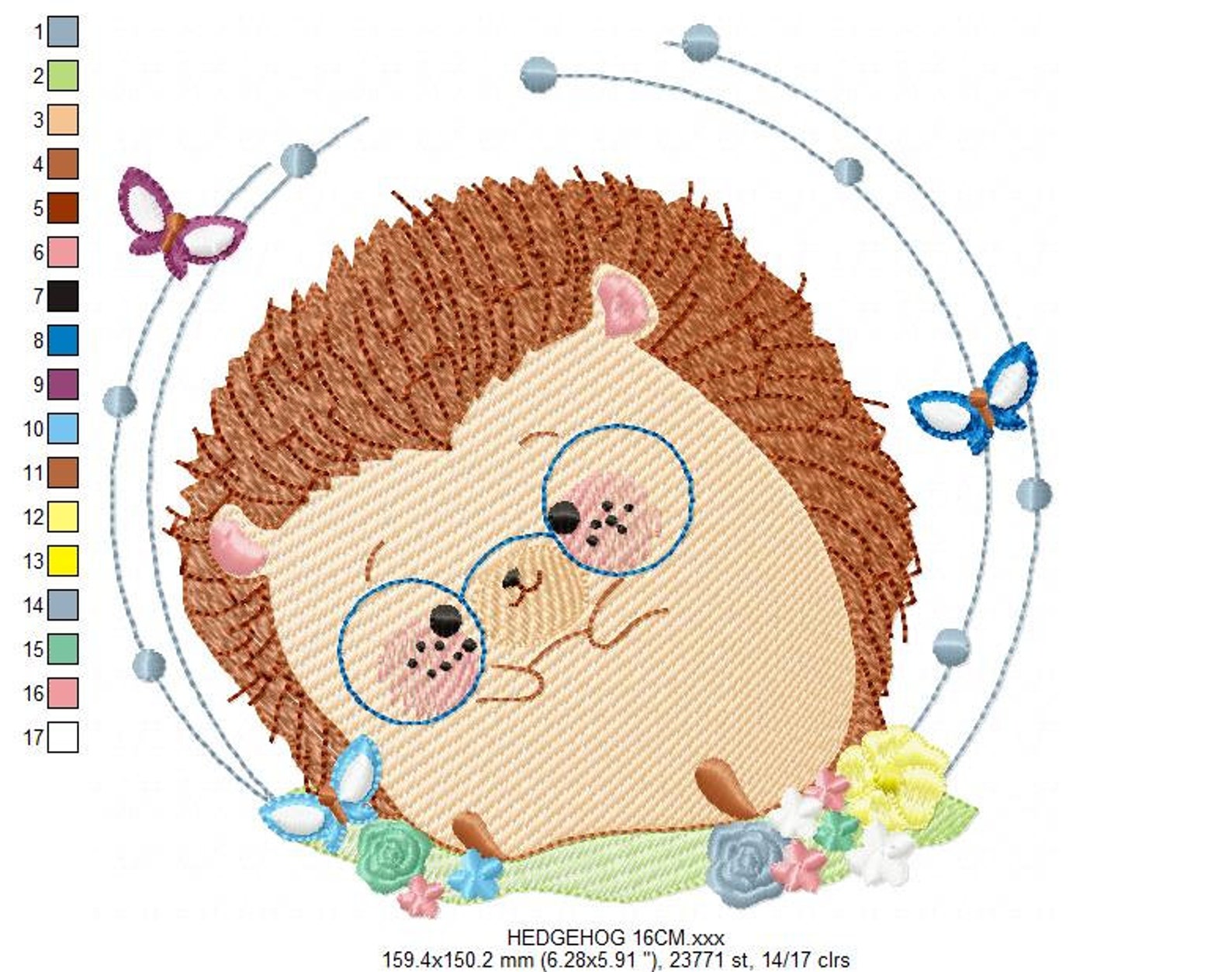 Hedgehog Embroidery Designs - Animal With Glasses and Butterflies ...