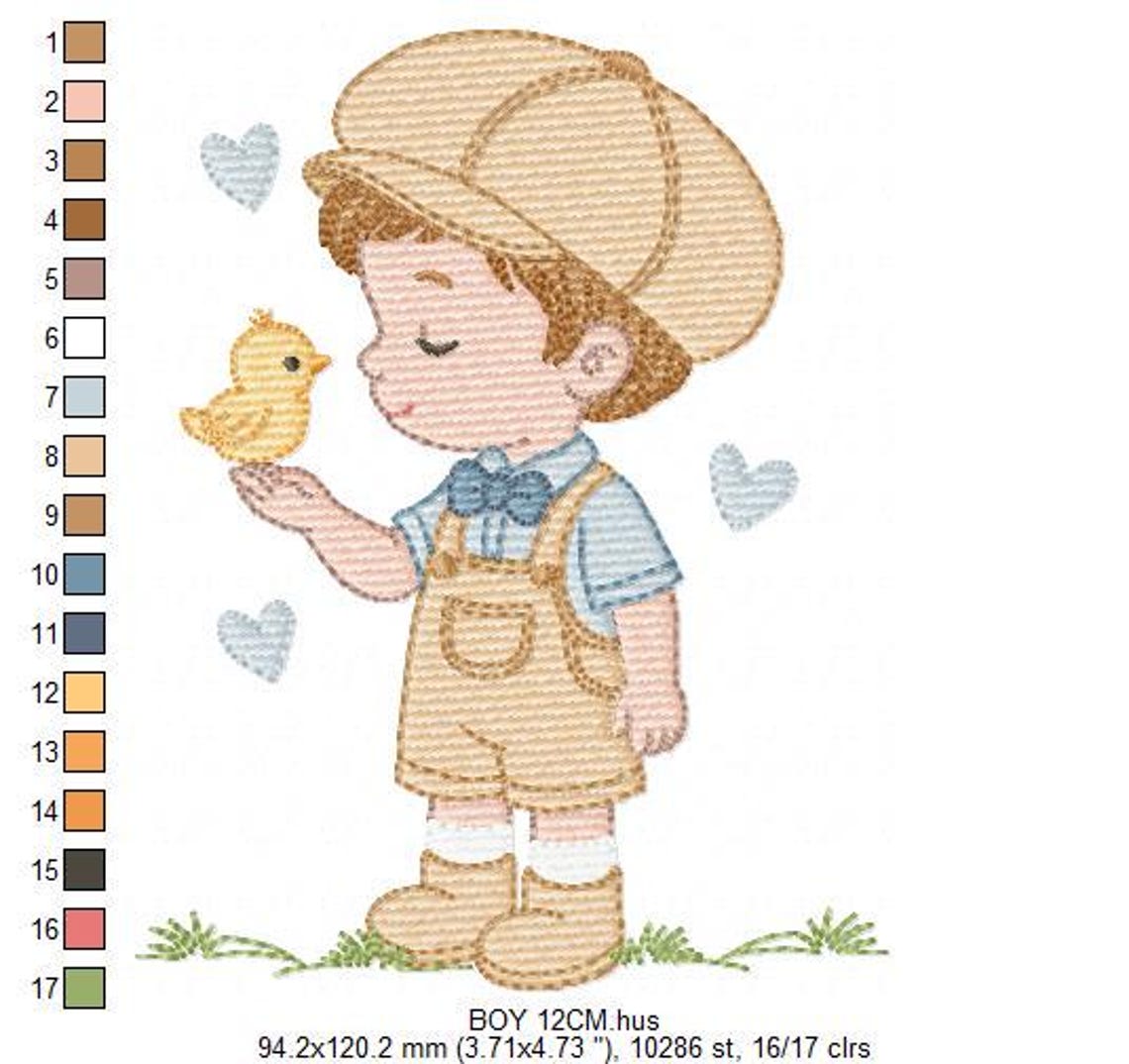 Vintage Baby Boy Embroidery Design - Boy With Cap and Bird Machine ...