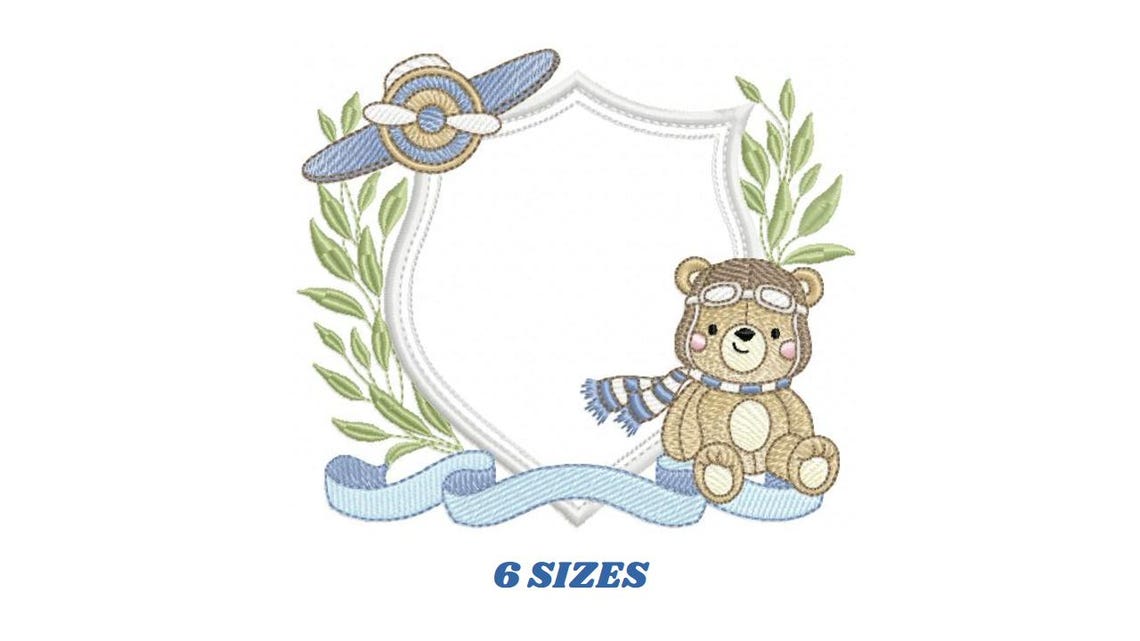 Pilot Bear Frame Embroidery Designs - Aviator Teddy Bear With Goggles ...