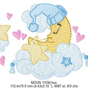 Sleeping Moon Embroidery Design - Half Moon With Cloud Stars and Hearts ...