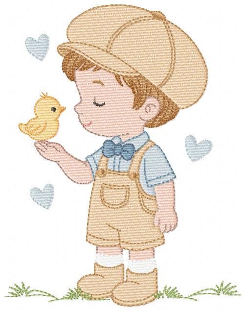 Vintage Baby Boy Embroidery Design - Boy With Cap and Bird Machine ...