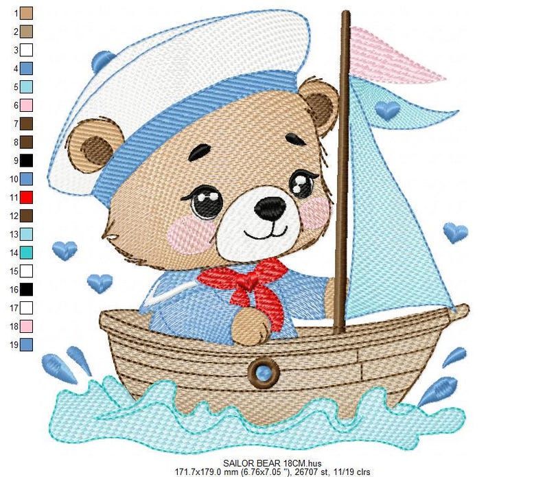 Nautical Sailor Bear Embroidery Design – Baby Boy Boat Pattern (digital ...