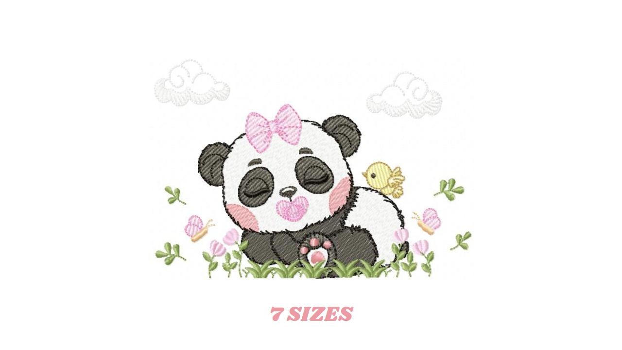 Panda Embroidery Design - Wild Female Animal With Bow Lace Machine ...