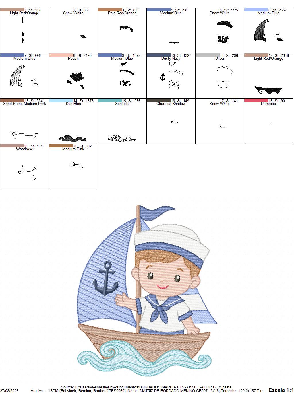 Sailor Boy Embroidery Design - Boat Machine Embroidery Pattern ...