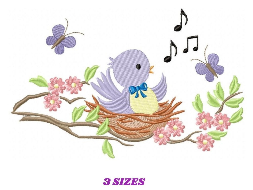 Singing Bird Embroidery Designs - Bird in Birdnest With Flowers and ...