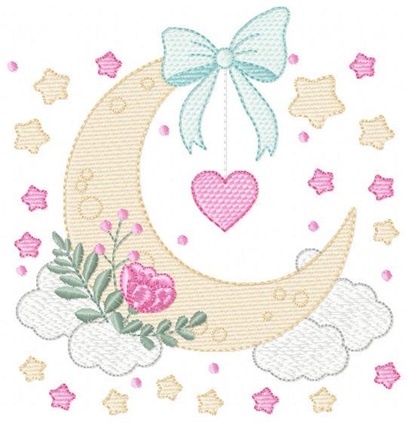 Moon With Stars Hearts and Flowers Embroidery Design - Baby Girl Half ...