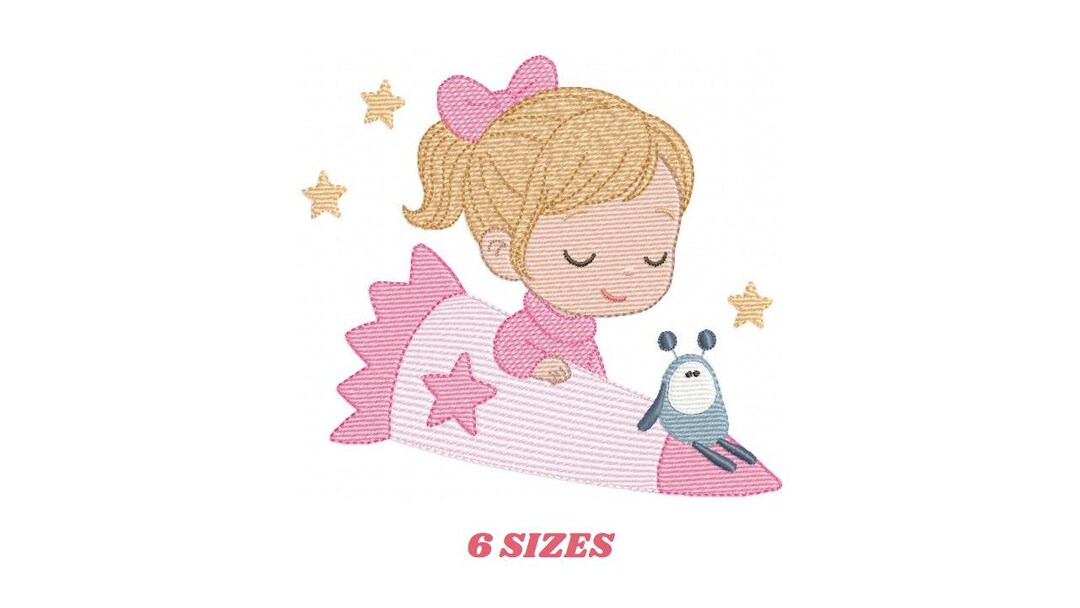 Baby Girl With Alien Embroidery Designs - Girl With Long Hair Bun ...