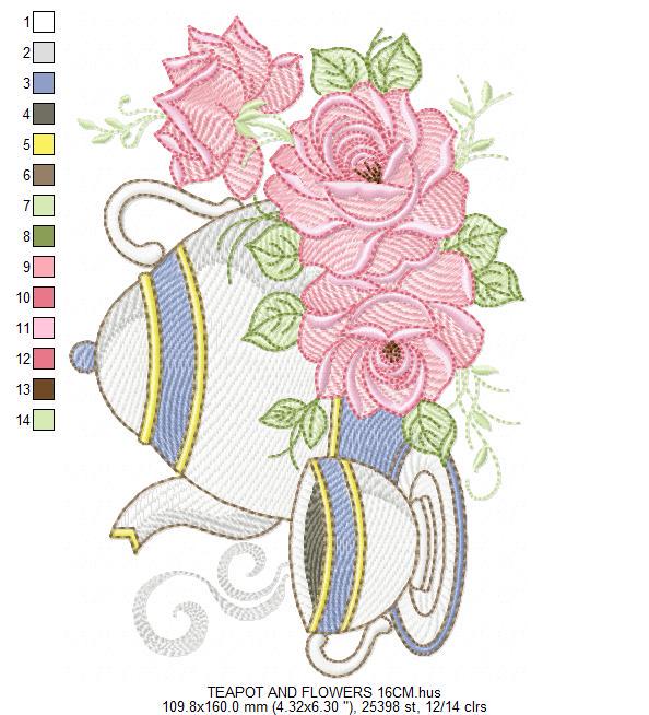 Teapot Embroidery Design - Tea Cup With Roses Embroidery Designs ...