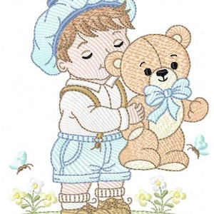 Vintage Baby Boy Embroidery Design - Boy With Cap and Teddy Bear ...