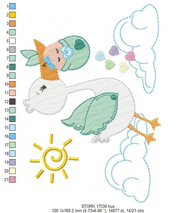Stork Embroidery Design - Stork With Newborn Baby Machine Embroidery ...