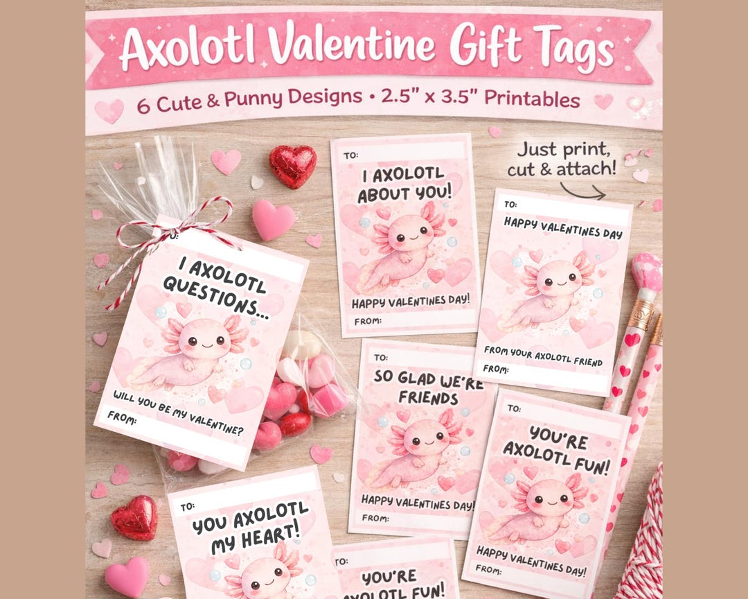 Axolotl Valentine Gift Tags Printable for Kids – Cute Watercolor ...