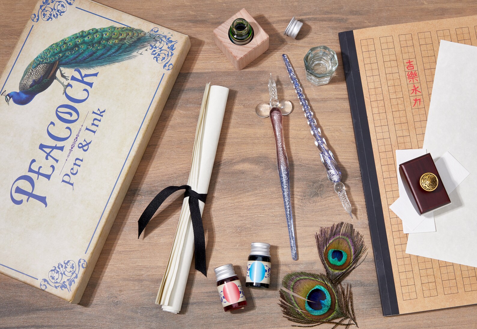 Peacock Pen & Ink Set Two Glass Dip Ink Pens Plus Twelve - Etsy