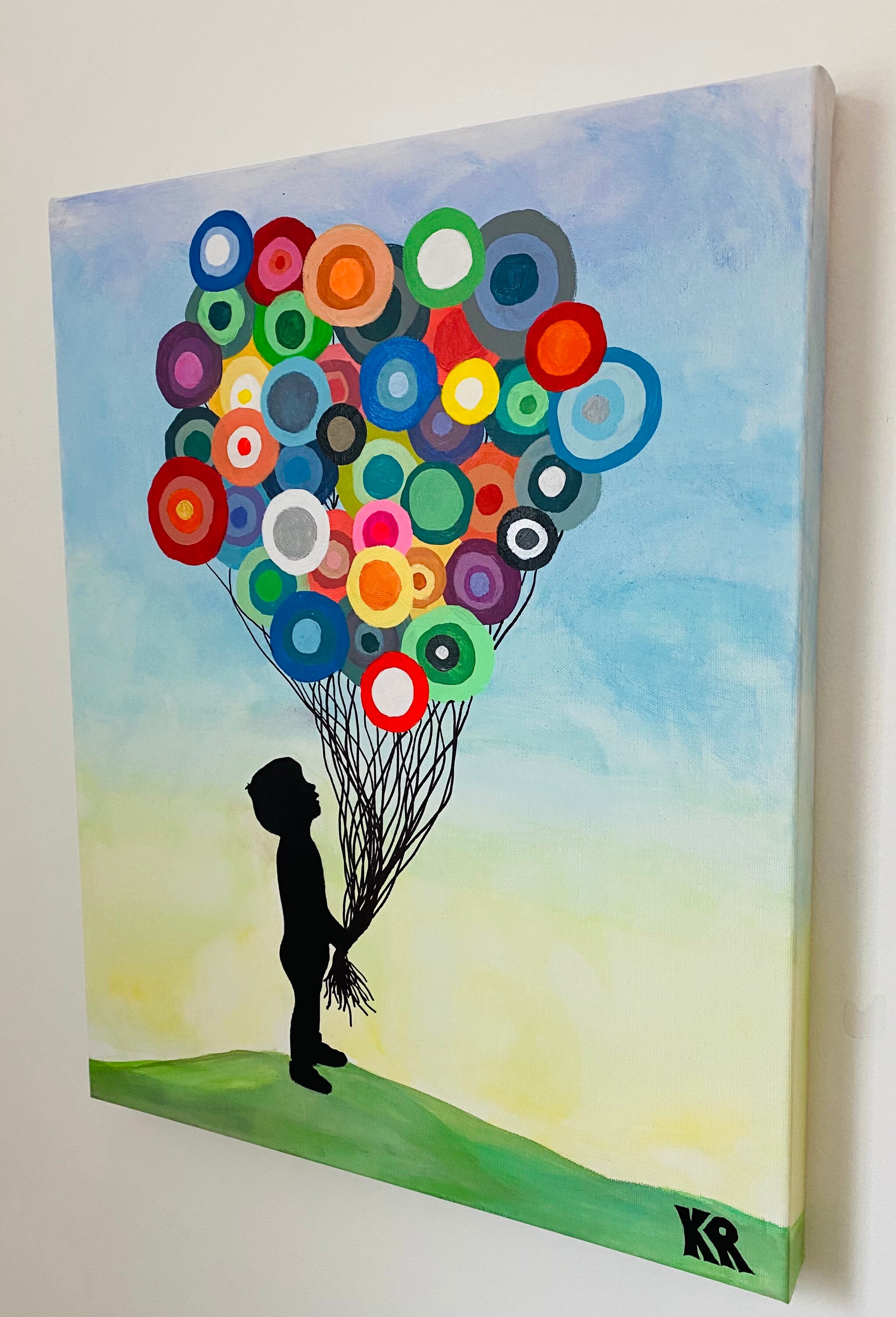 Original painting balloon acrylic boy holding balloons sunset ...