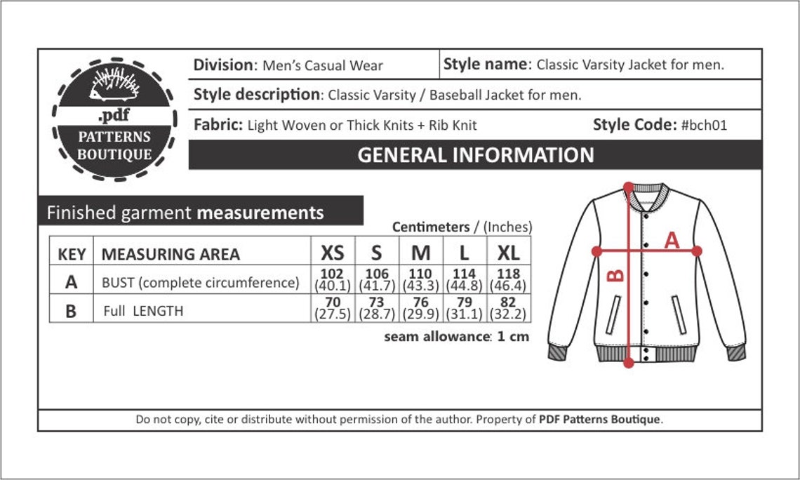 VARSITY JACKET PDF Pattern Download for Men Youtube Sewing - Etsy UK