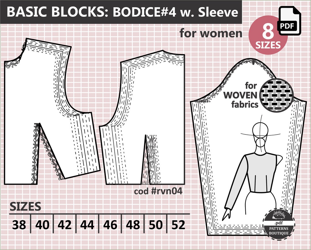 Basic BODICE BLOCK & SLEEVE Bodice Sloper 8 Sizes / Pdf Sewing Pattern ...