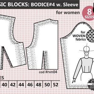 Basic BODICE BLOCK & SLEEVE Bodice Sloper 8 Sizes / Pdf Sewing Pattern / Basic Bodice Pattern W ...
