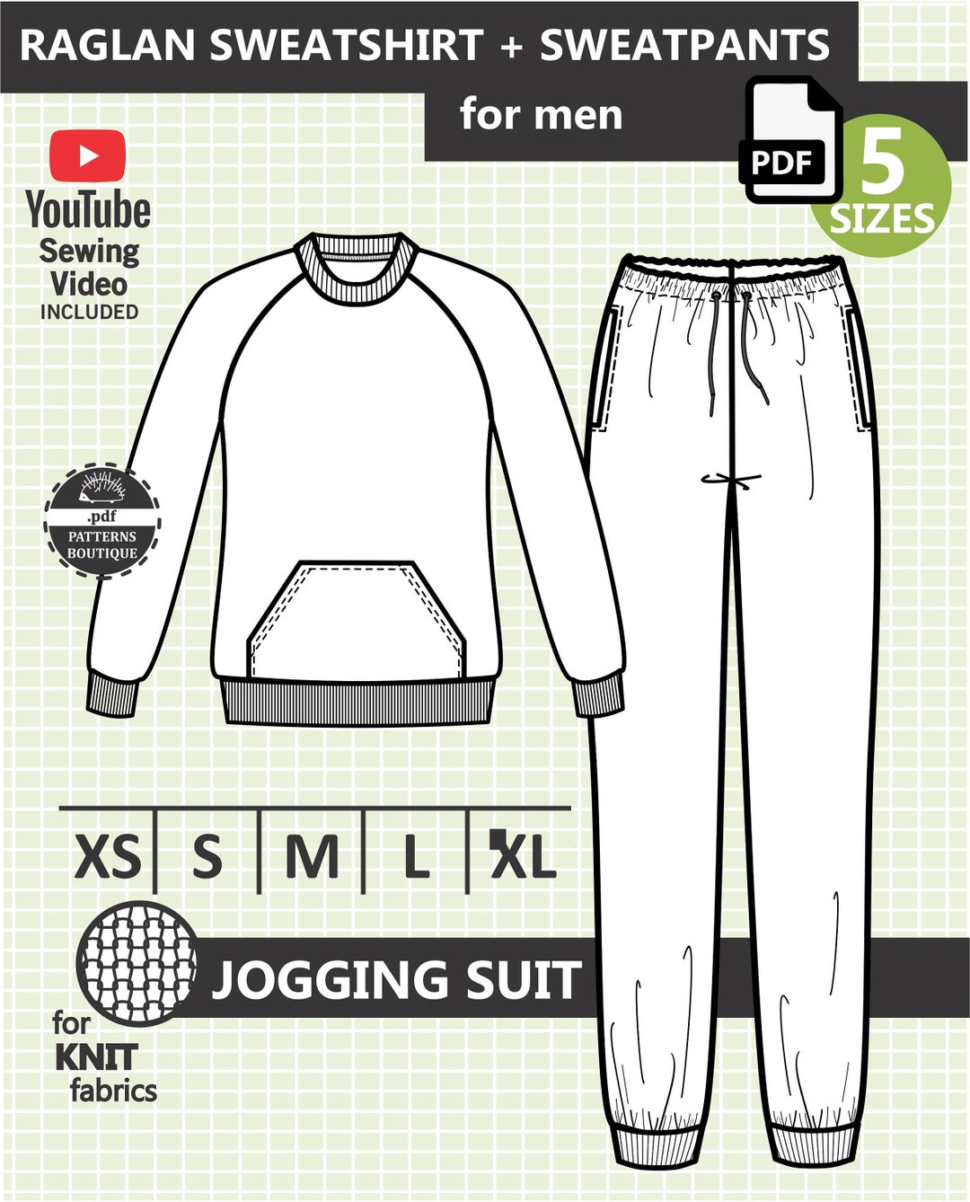 Raglan Sweatshirt and Sweatpants for Men / PDF Sewing Pattern / 5 Sizes ...