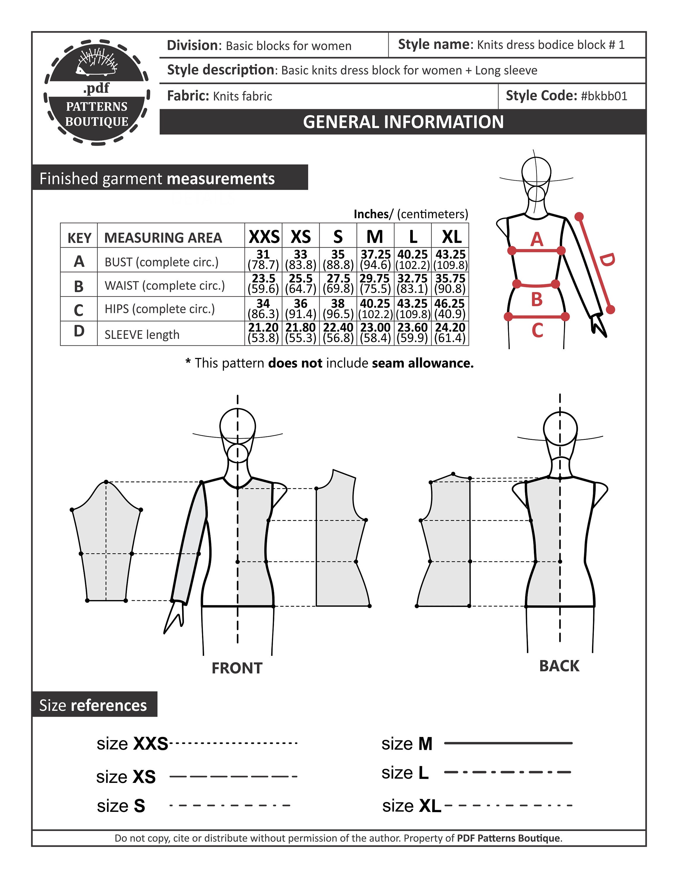 Basic BODICE BLOCK & SLEEVE for Knit Fabric Bodice Sloper | Etsy