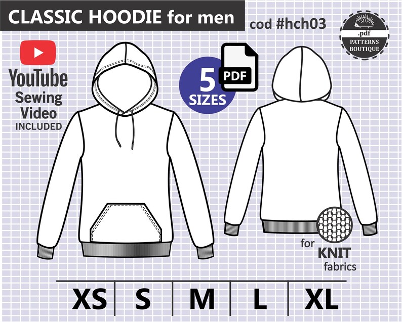 Hoodie PDF Sewing Pattern for MEN. Sizes From Xs to Xl / - Etsy