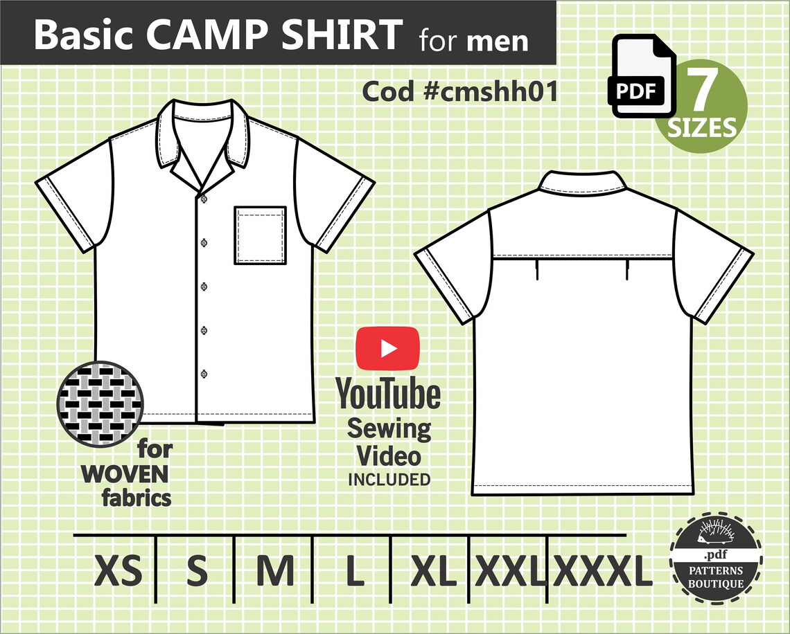 CAMP SHIRT for Men PDF Sewing Pattern & Youtube Video | Etsy