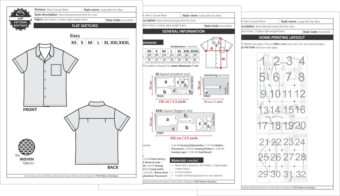 CAMP SHIRT for Men PDF Sewing Pattern & Youtube Video | Etsy