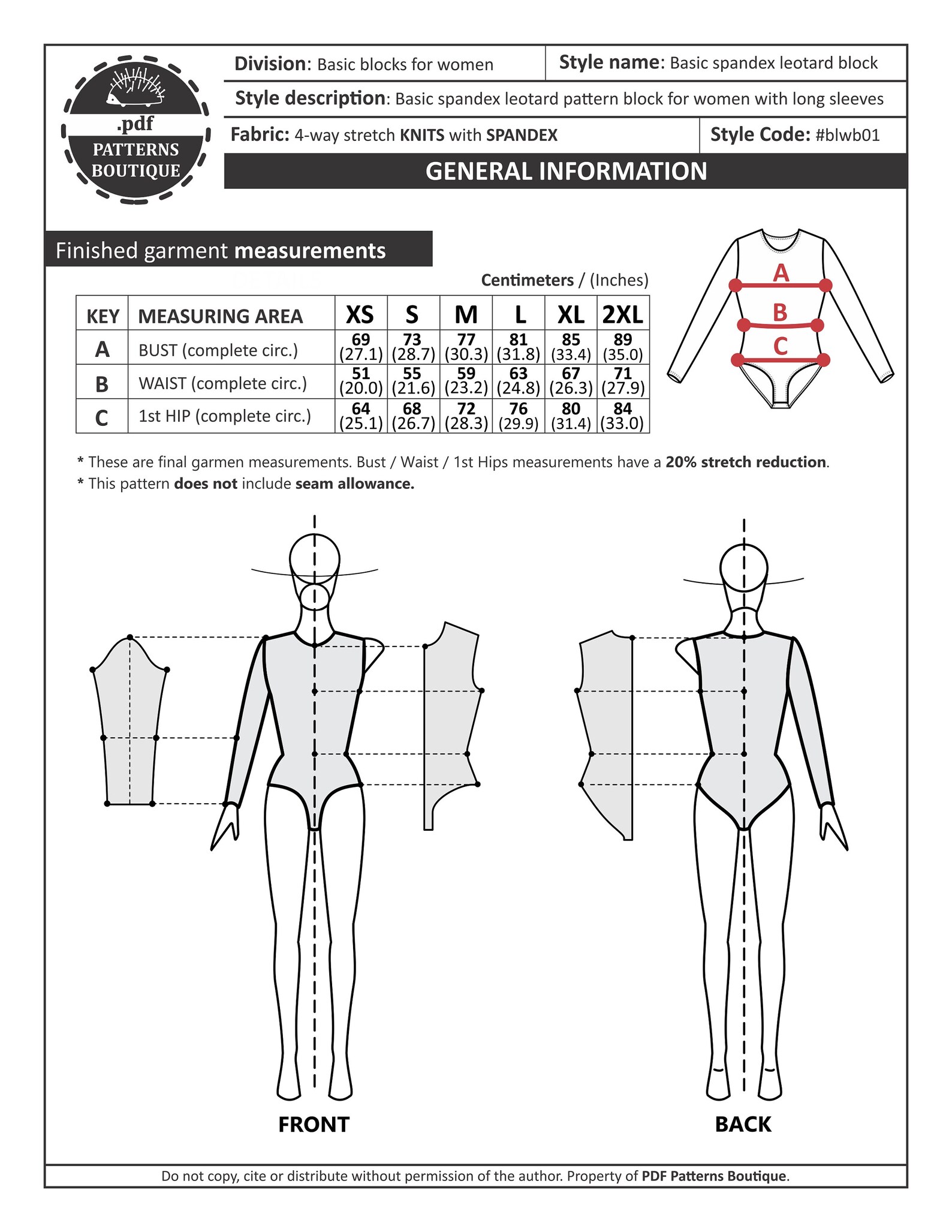 Basic LEOTARD Pattern BLOCK & SLEEVE for Knit Fabric spandex - Etsy Canada