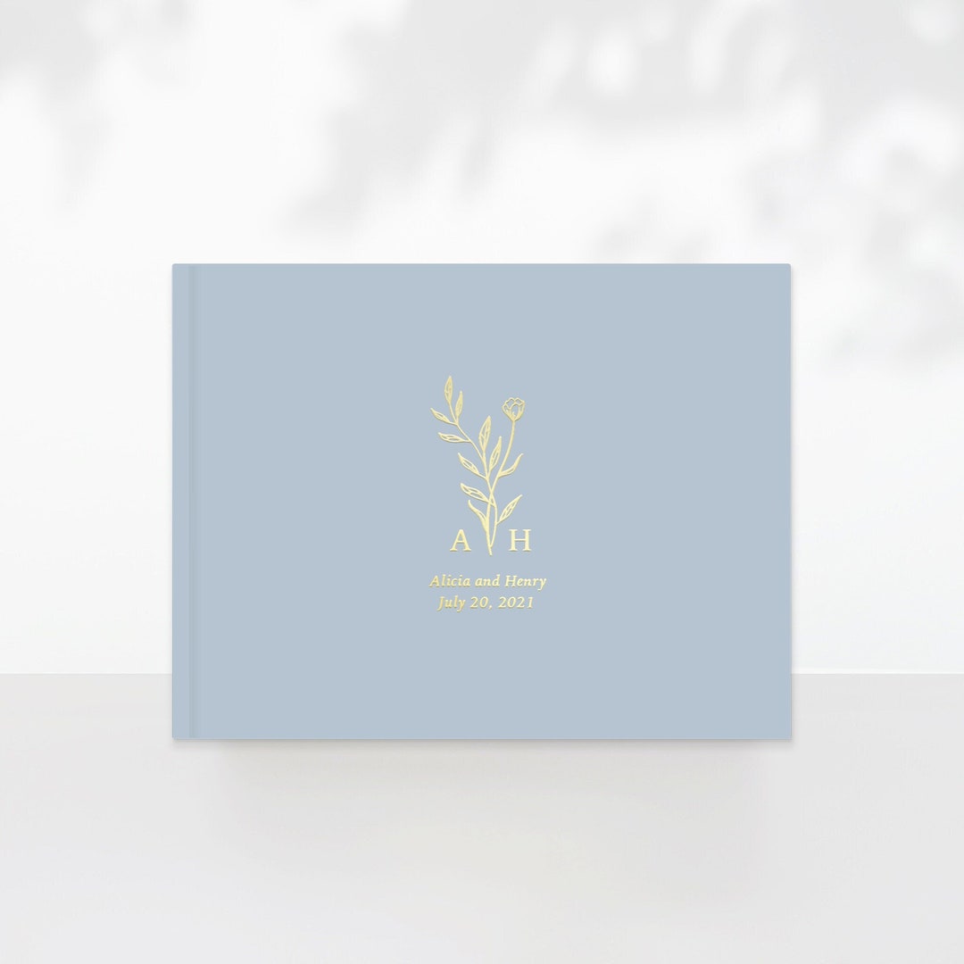 Blue Wedding Guest Book With Real Gold Foil Initials and Floral Design ...