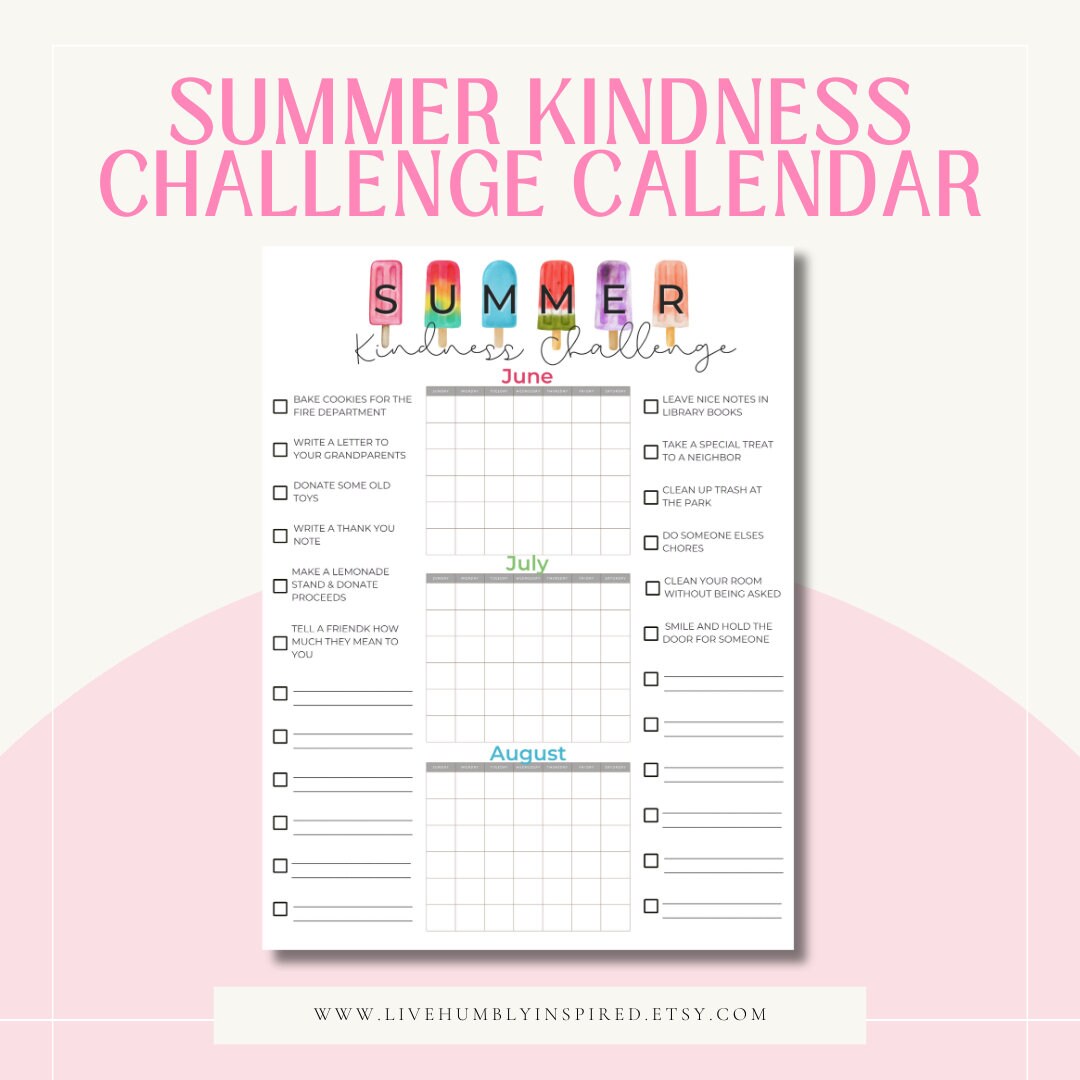 Summer Kindness Challenge Calendar Poster Digital Download and ...