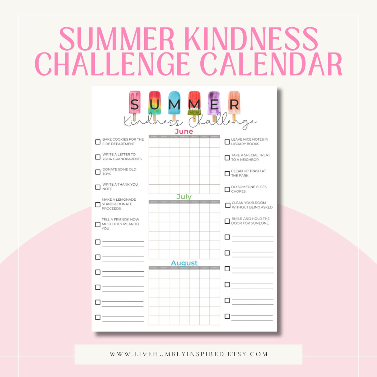 Summer Kindness Challenge Calendar Poster Digital Download and ...