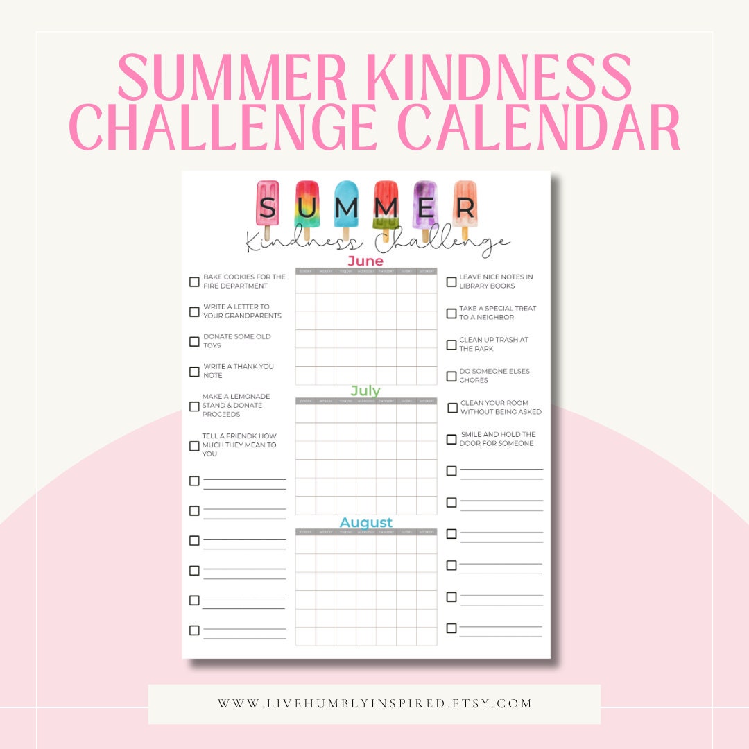 Summer Kindness Challenge Calendar Poster Digital Download and ...