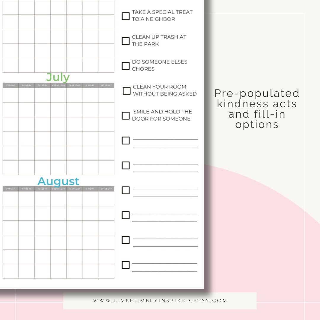 Summer Kindness Challenge Calendar Poster Digital Download and ...