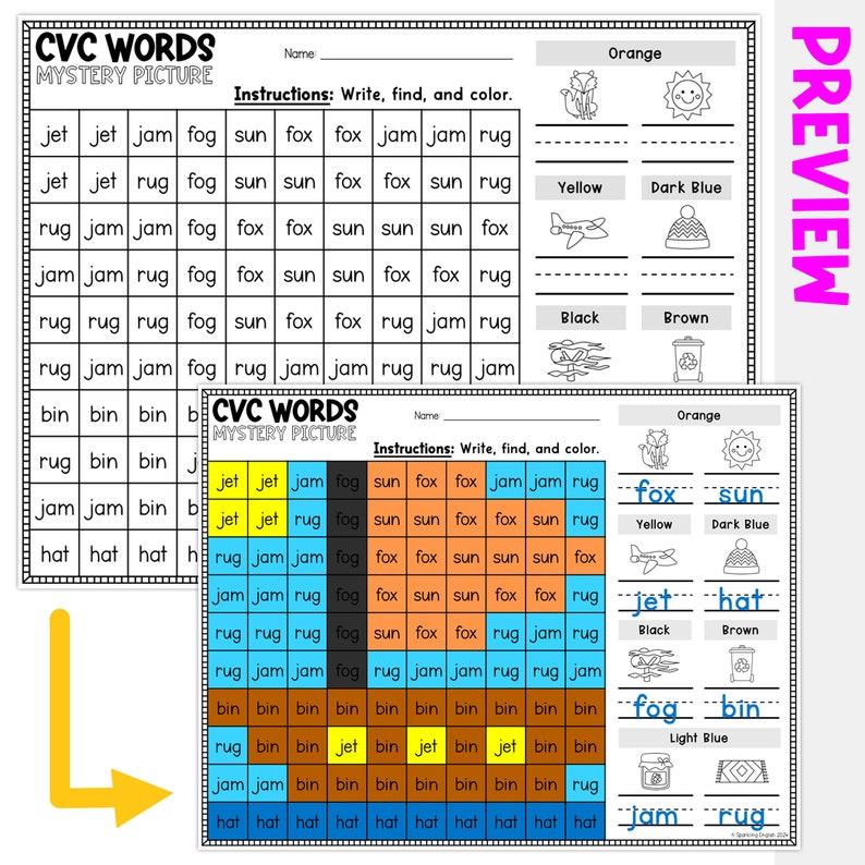 CVC Words Mystery Pictures | Fun CVC Words Review Activity Worksheets ...