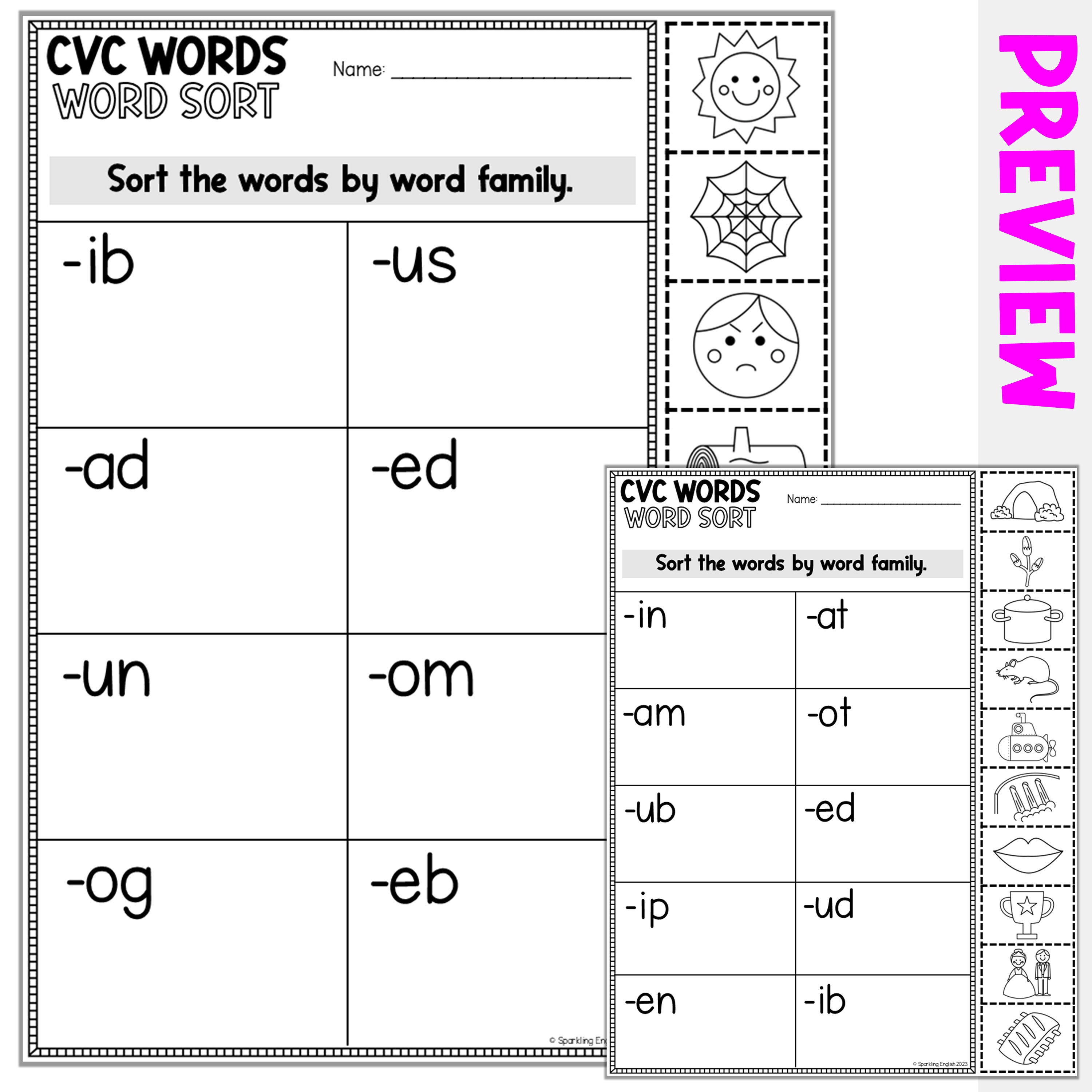 CVC Word Sort Activity - Review CVC Word Families Picture Sort ...